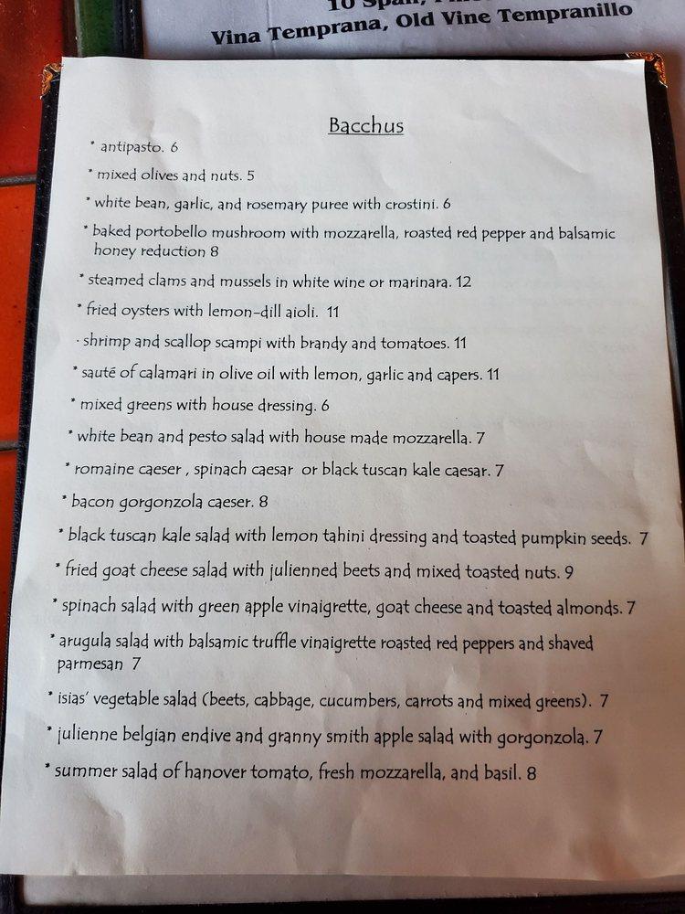 Menu at Bacchus restaurant, Richmond