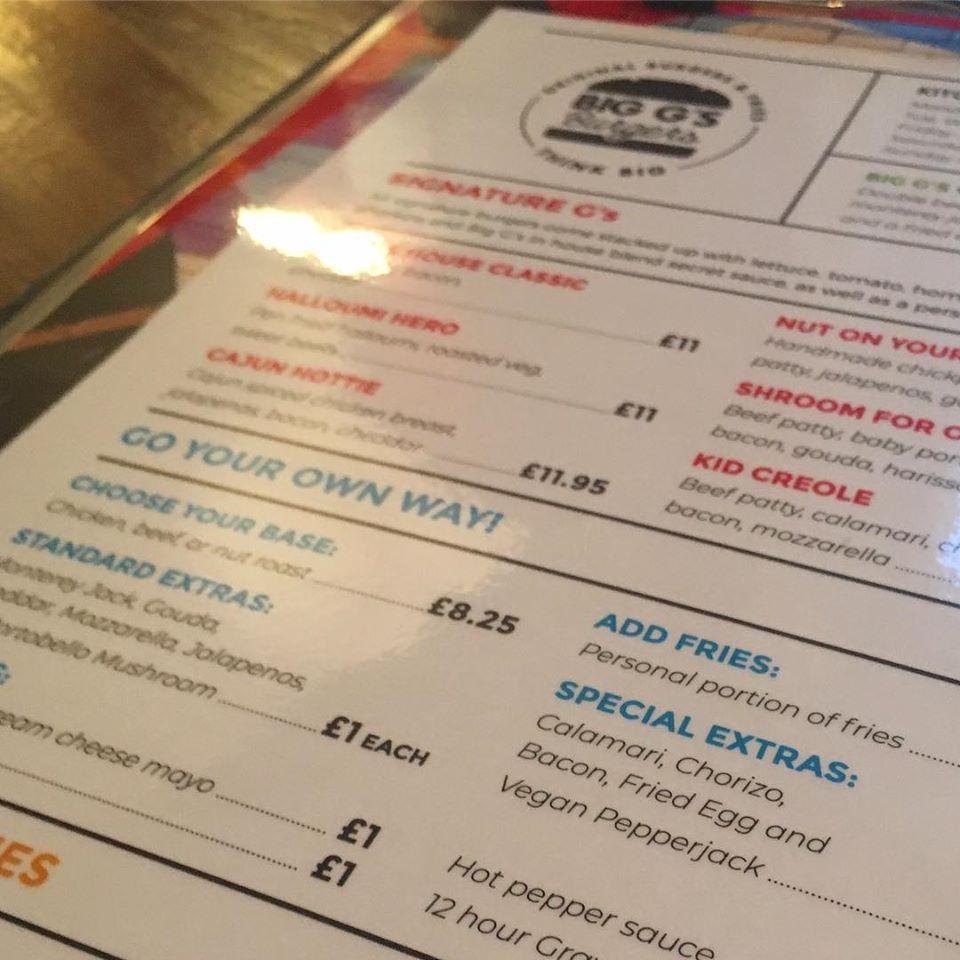 Menu at Big G's Burgers pub & bar, Brighton
