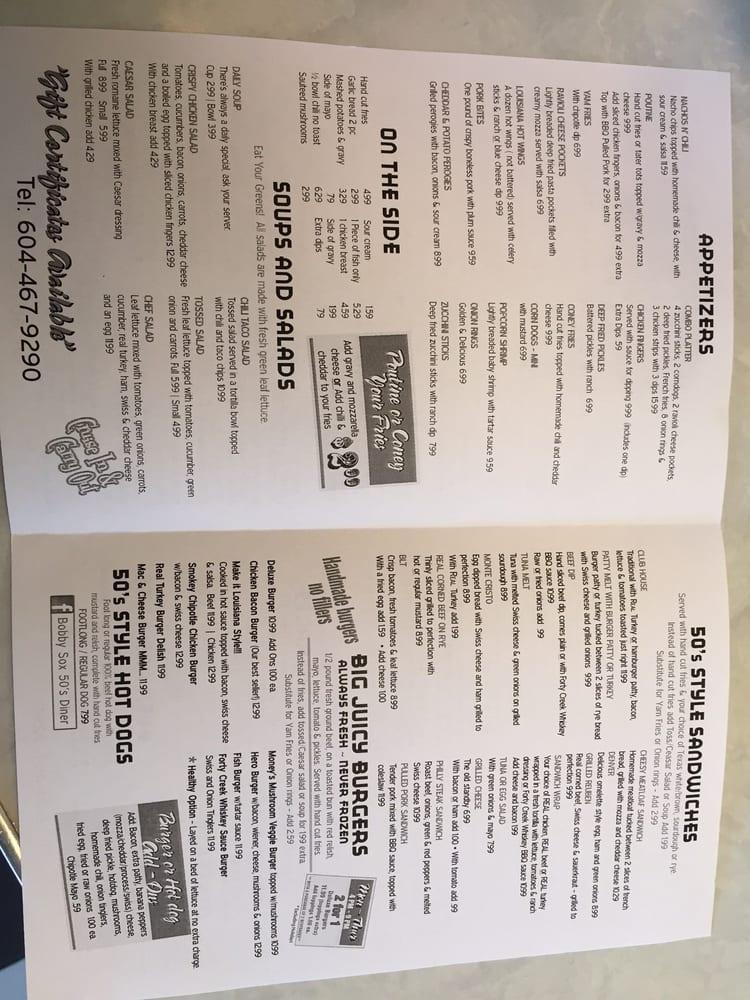 Menu at Bobby Sox 50's Diner restaurant, Maple Ridge