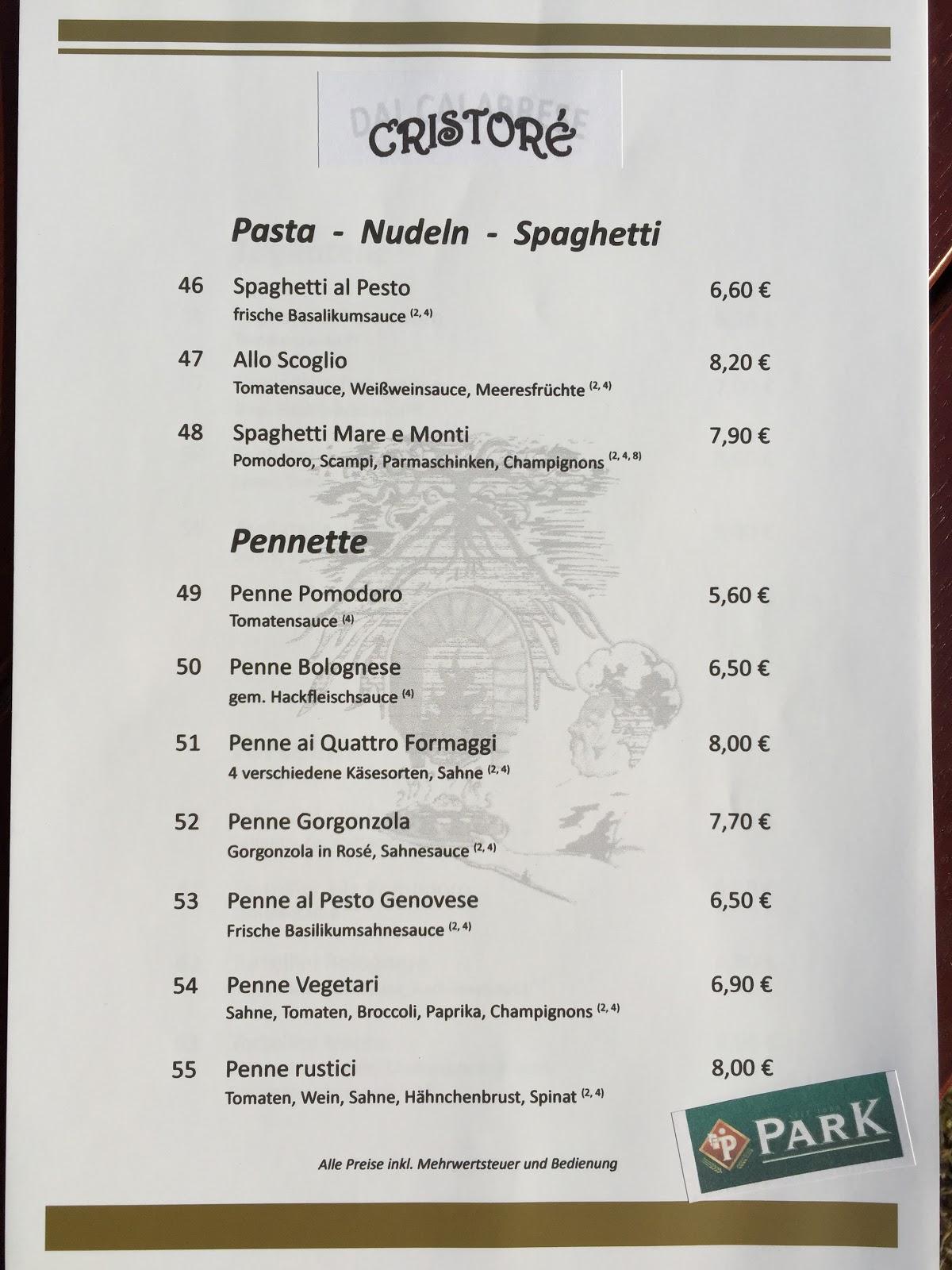 Speisekarte von Pizzeria Cristore', Rieschweiler-Mühlbach