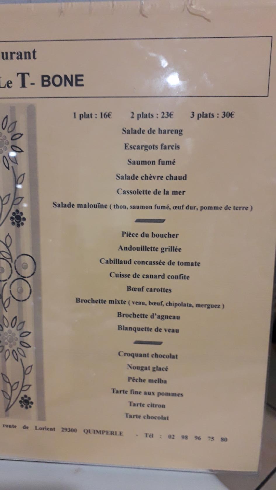 Menu au T'BONE pub et bar, Quimperlé