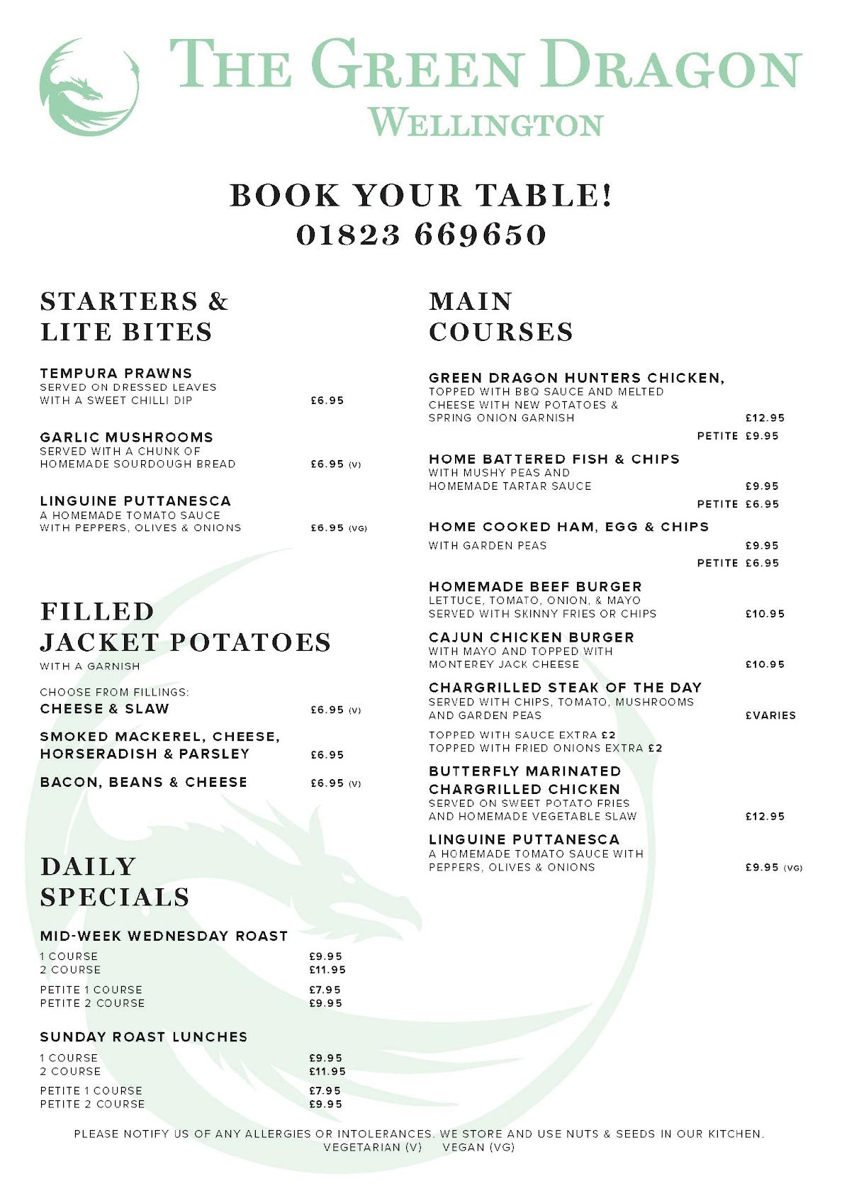 Menu at The Green Dragon pub & bar, Wellington