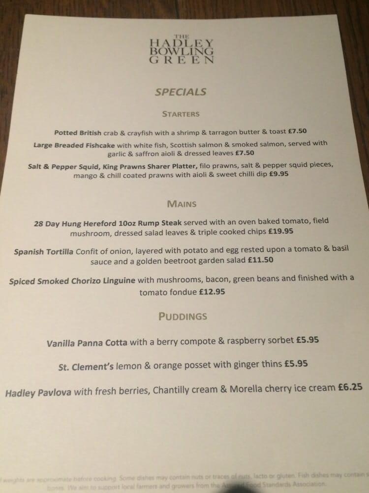 Menu at The Hadley Bowling Green Inn restaurant, Droitwich Spa