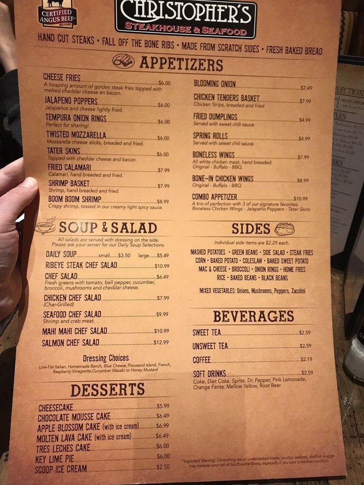 Menu at Christopher's Steakhouse and Seafood, Leland