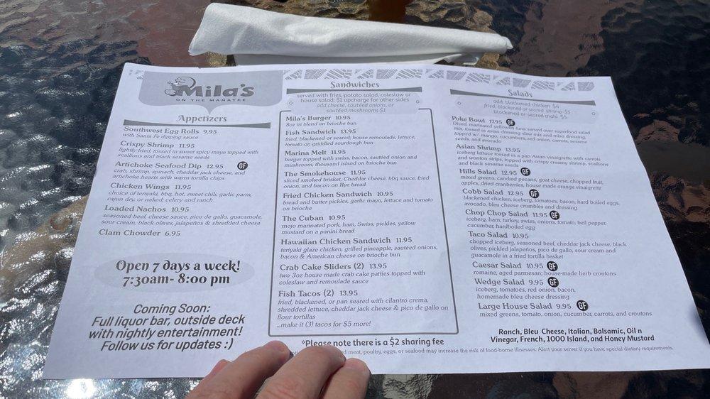 Menu at Mila’s on the Manatee restaurant, Palmetto