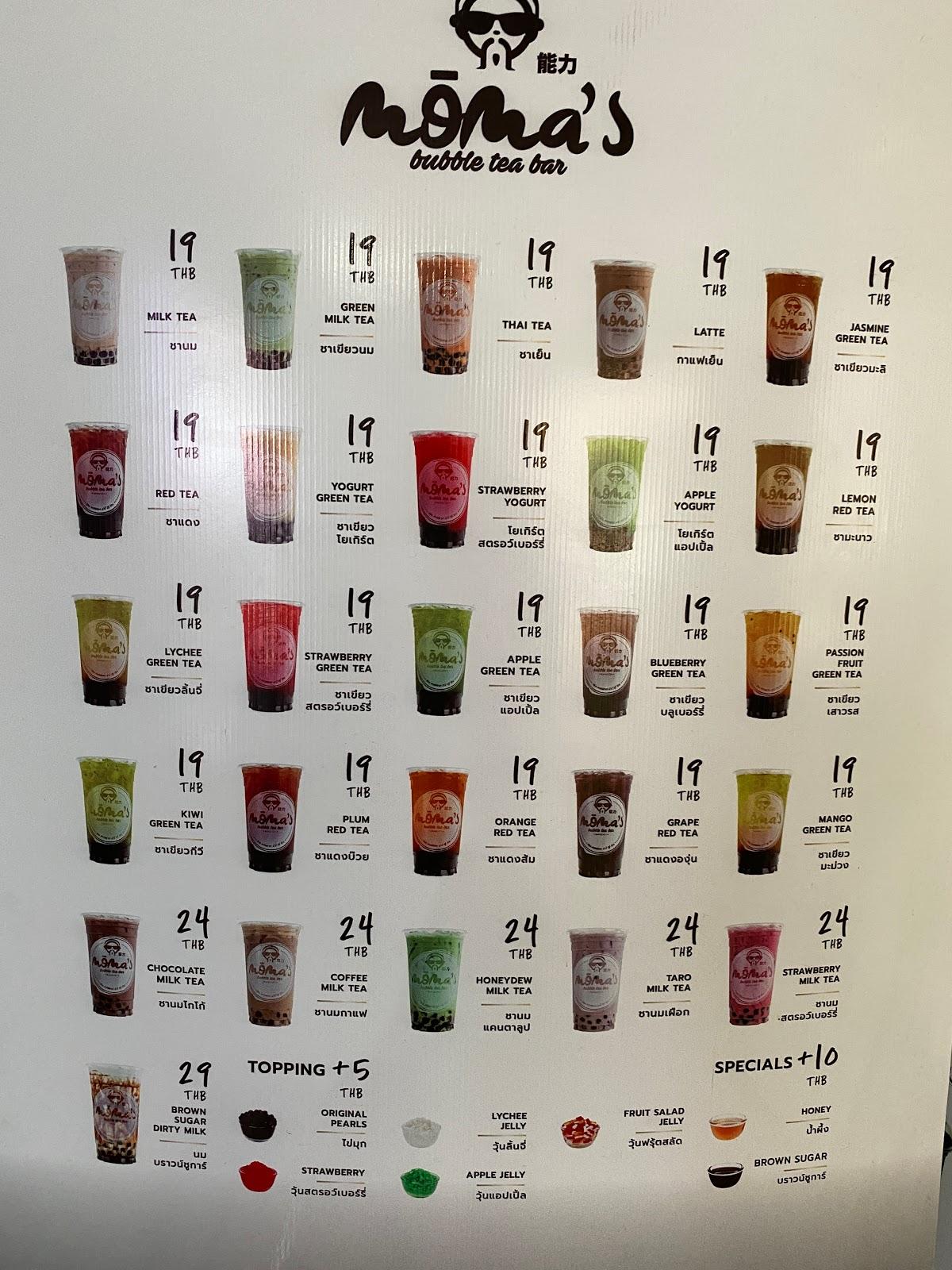 Menu at Moma's Bubble Tea Bar สาขา พาร์คเลน เอกมัย, Bangkok
