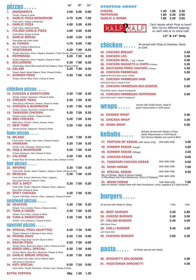 Menu at Nino Pizza pizzeria, North Shields