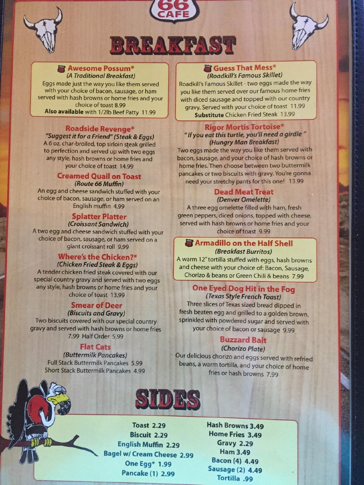 Menu at The Roadkill Cafe/O.K. Saloon, Seligman