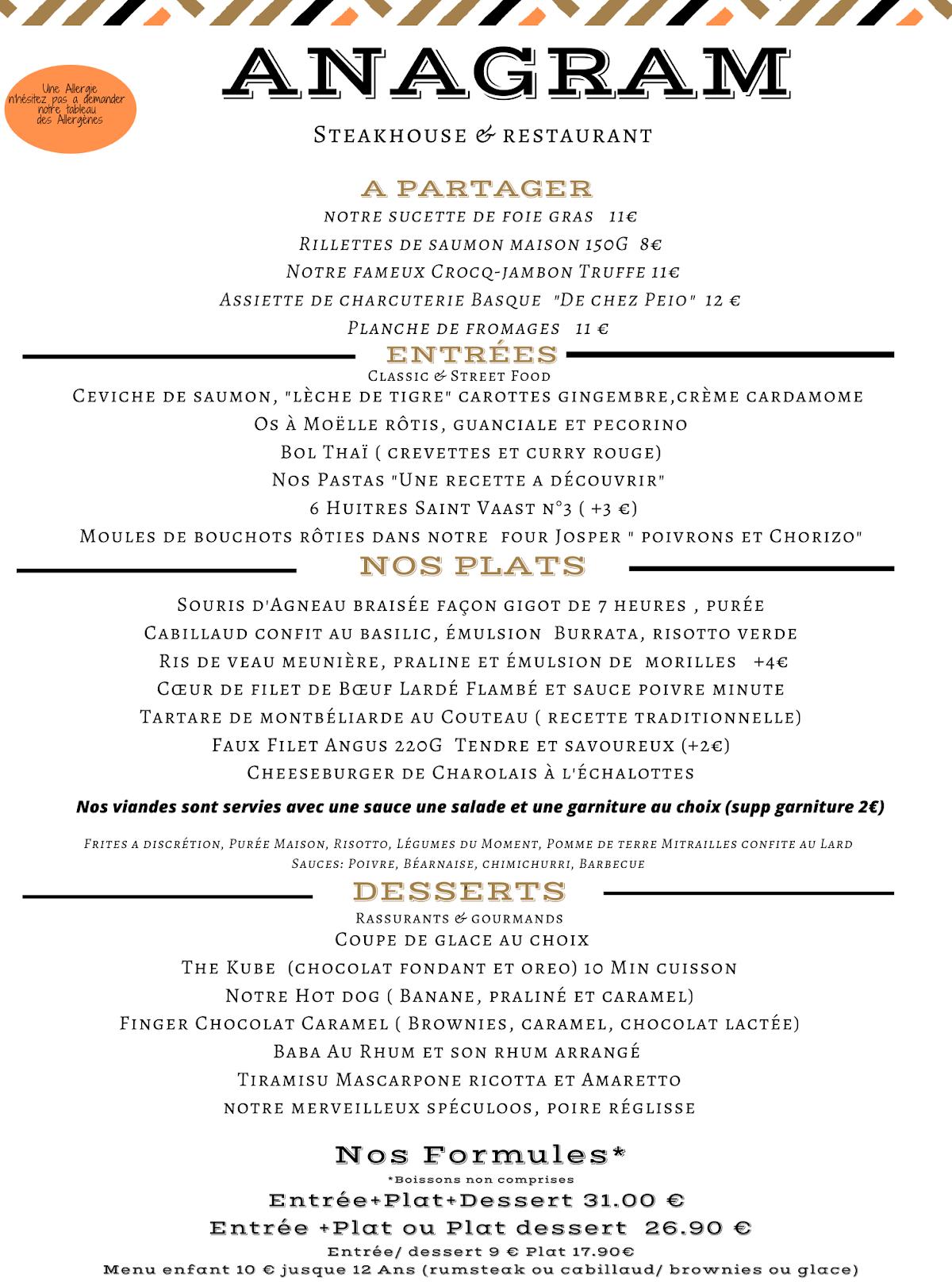 Menu au Anagram restaurant, Arras, 23 Grand'Place