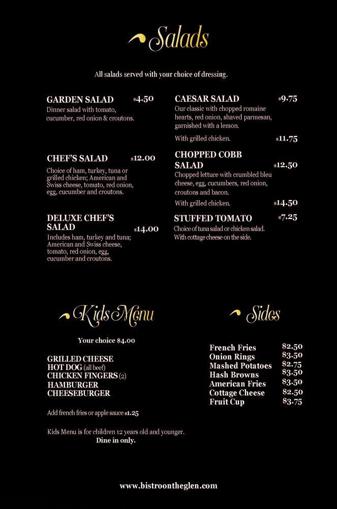 Menu at Bistro on the Glen cafe, Glendale
