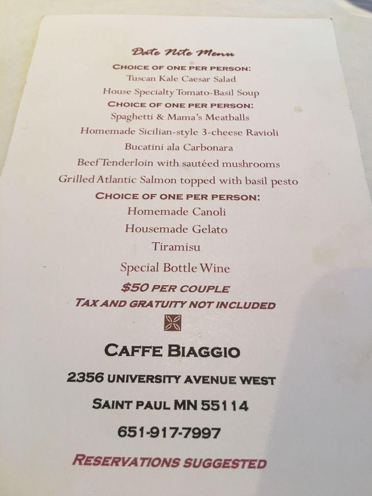 Menu at Caffe Biaggio restaurant, Saint Paul
