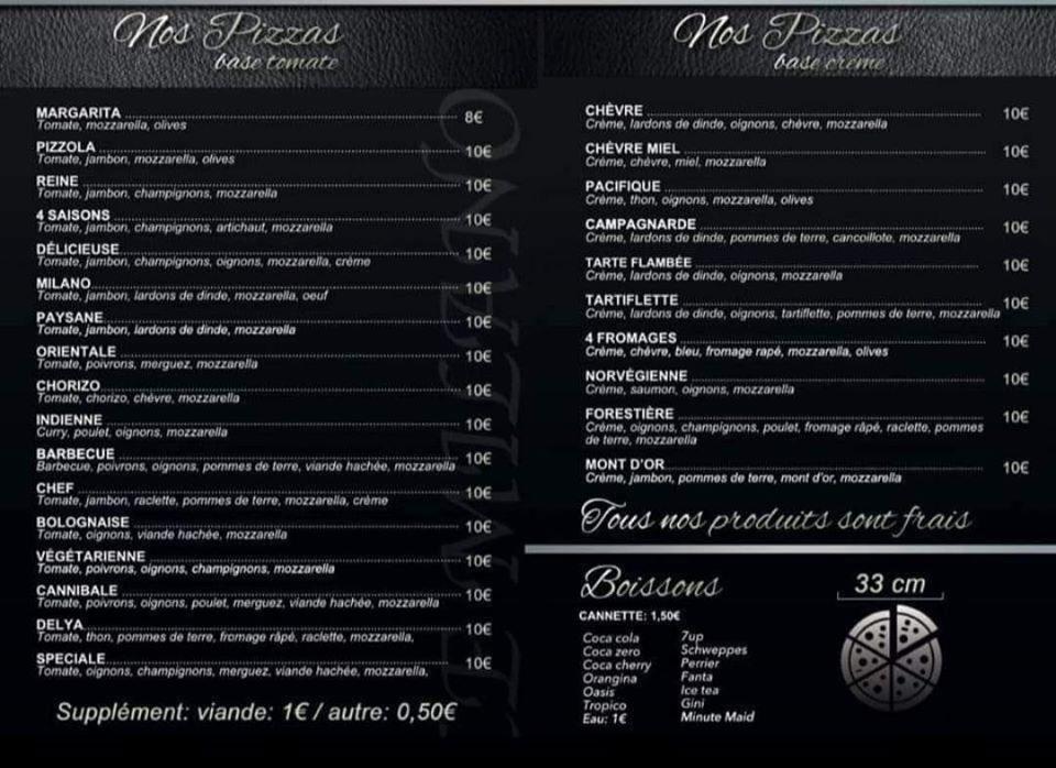 Menu au Le Milano pizzeria, Montbéliard