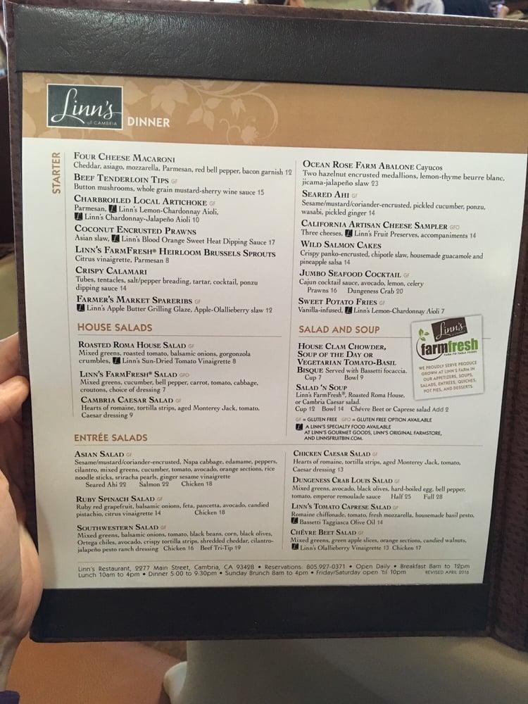 Menu at Linn's Restaurant, Cambria