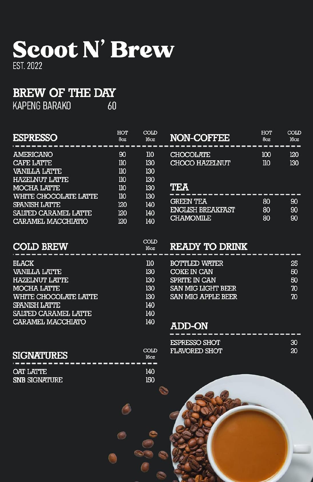 Menu at Scoot N' Brew cafe, Parañaque