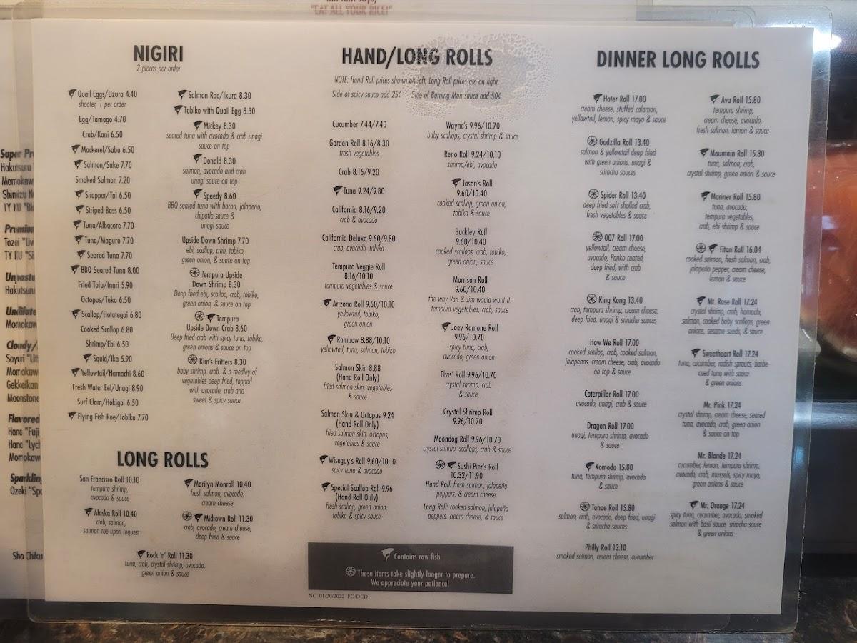 Menu at Sushi Pier Tahoe restaurant, Stateline
