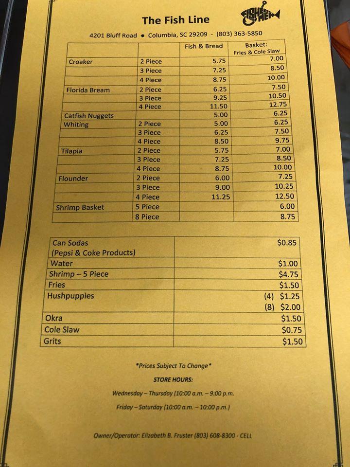 Menu at The Fish Line restaurant, Columbia