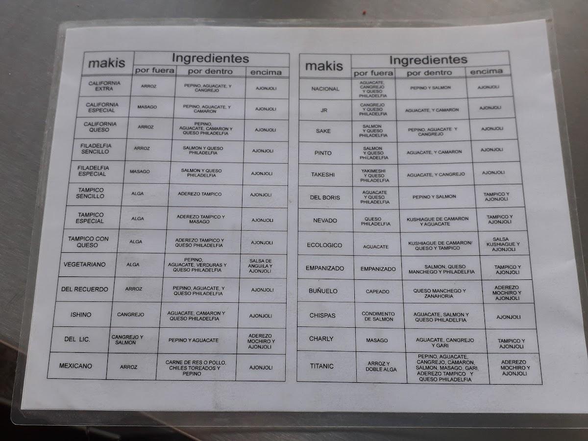 Carta del restaurante Yoshoku (Santa María), Morelia