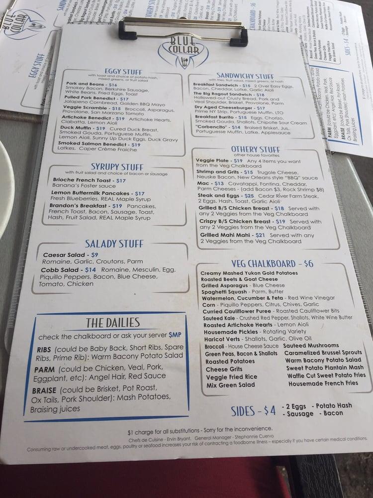 Menu at Blue Collar restaurant, Miami