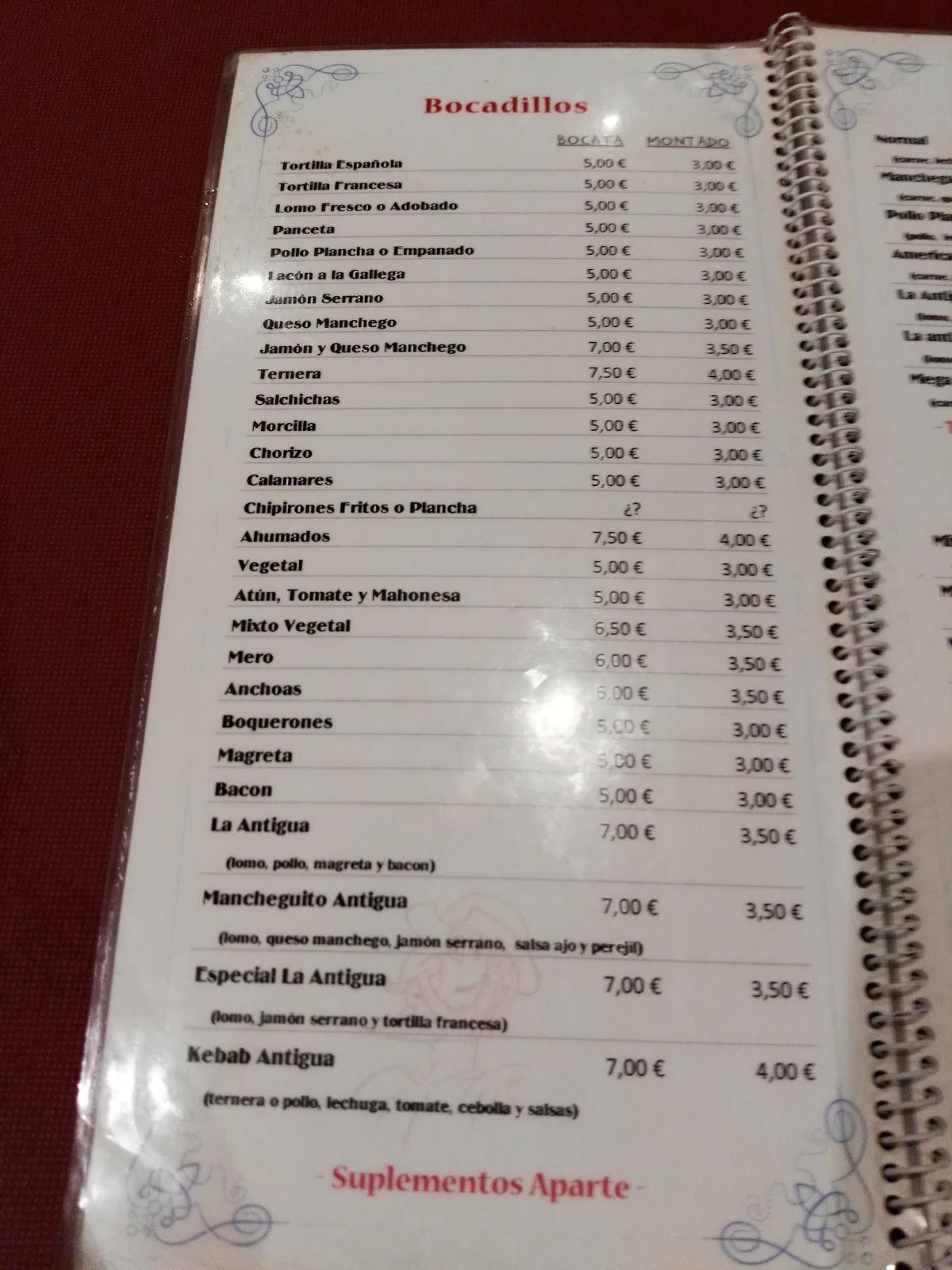 Menu at Cerveceria La Antigua pub & bar, Alcázar de San Juan
