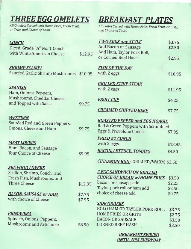 Menu at Cracked Conch Cafe, Marathon