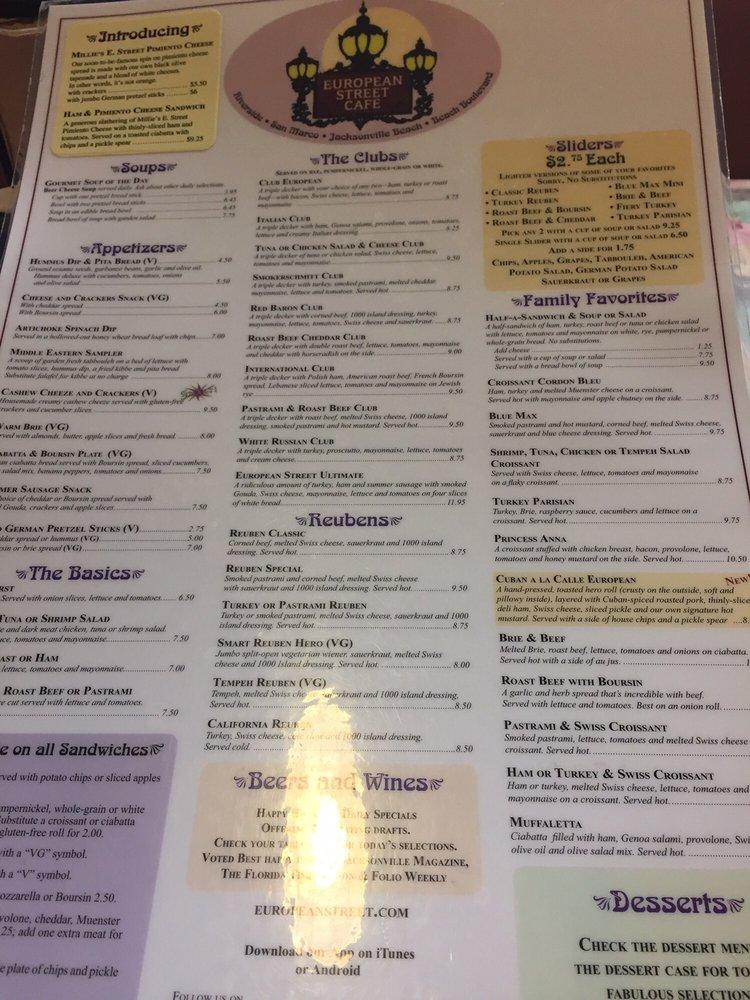 Menu at European Street Cafe, Jacksonville, Park St