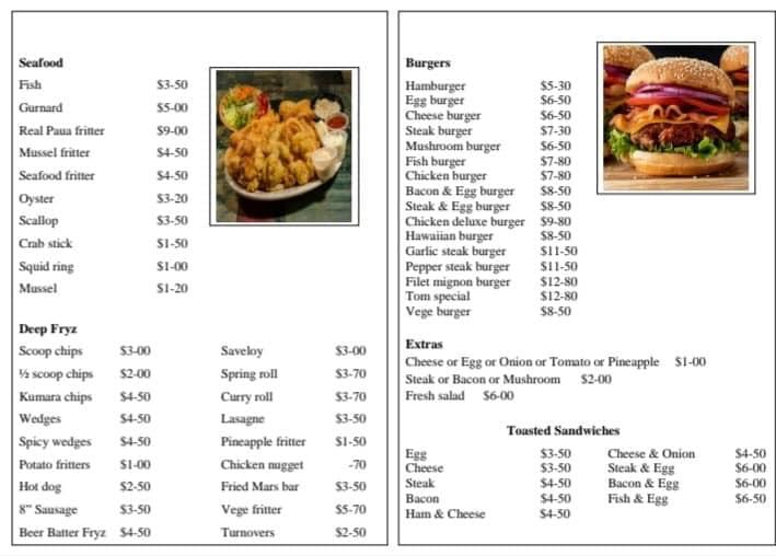 Menu at Tom's Place Takeaways restaurant, Waitara