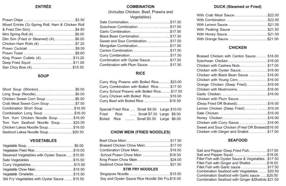 Menu at Sun Sun Chinese Restaurant, Culburra Beach