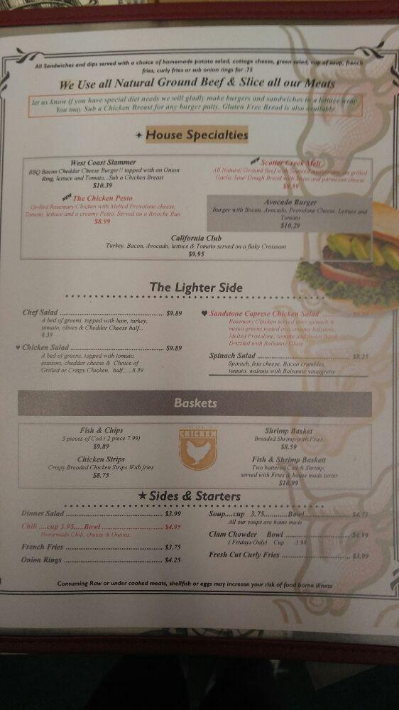 Menu at The Sandstone Cafe, Tenino