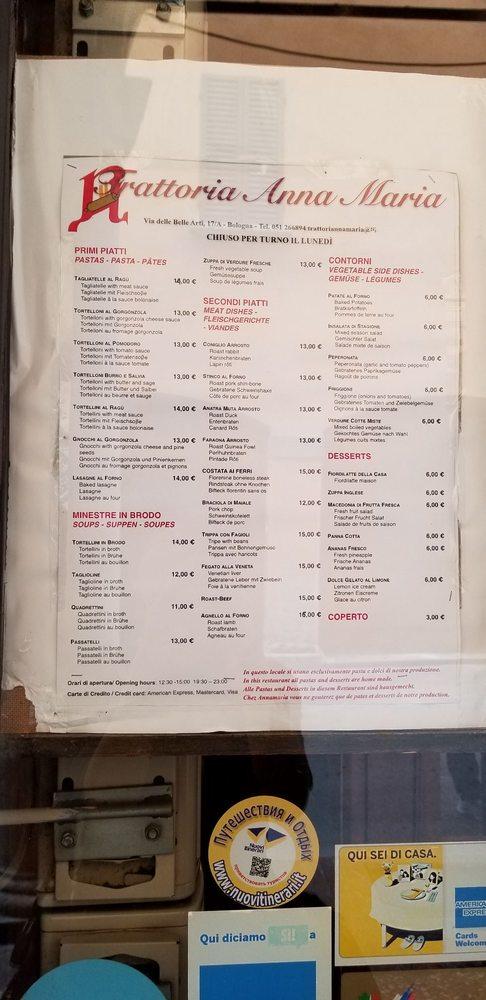 Menu da Trattoria Anna Maria ristorante, Bologna