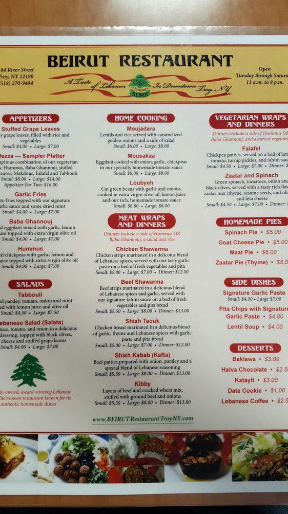 Menu at Beirut restaurant, Troy