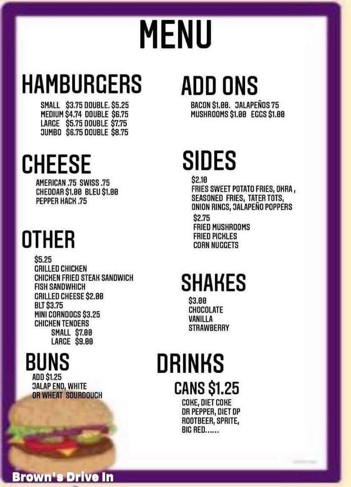 Menu at Brown's Drive In fast food, Kerrville