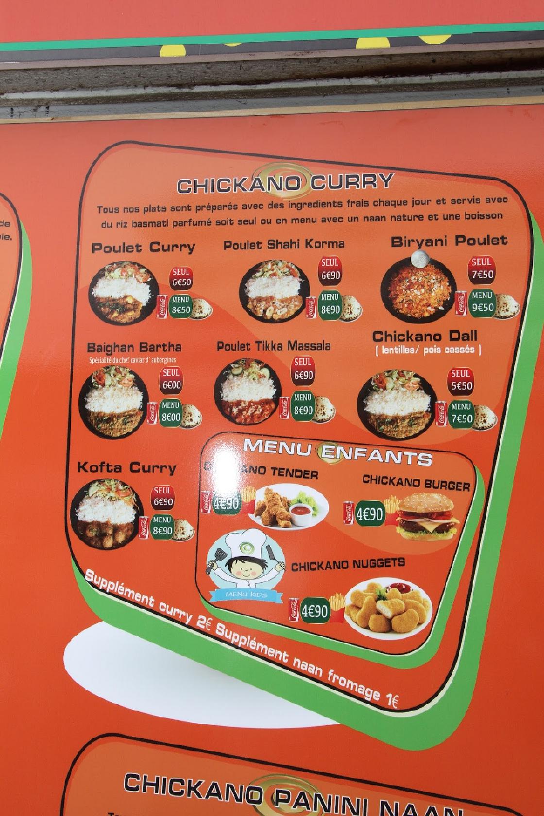 Menu au Chickano restaurant, La Rochelle