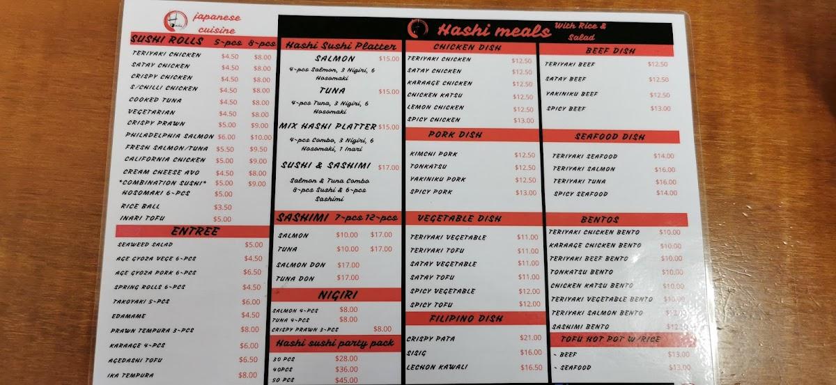 Menu at Hashi Japanese Cuisine South Dunedin restaurant, Dunedin