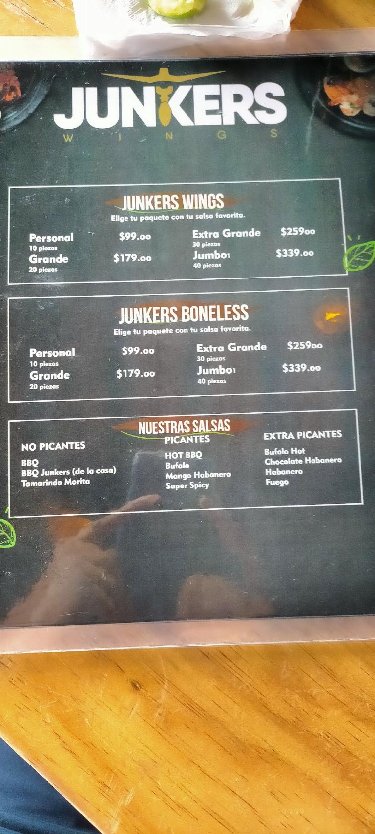 Menu at Junkers wings restaurant, Morelia