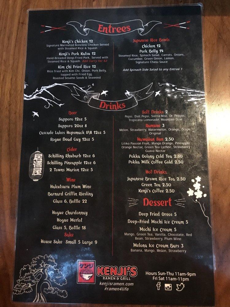 Menu at Kenji's Ramen & Grill restaurant, Vancouver