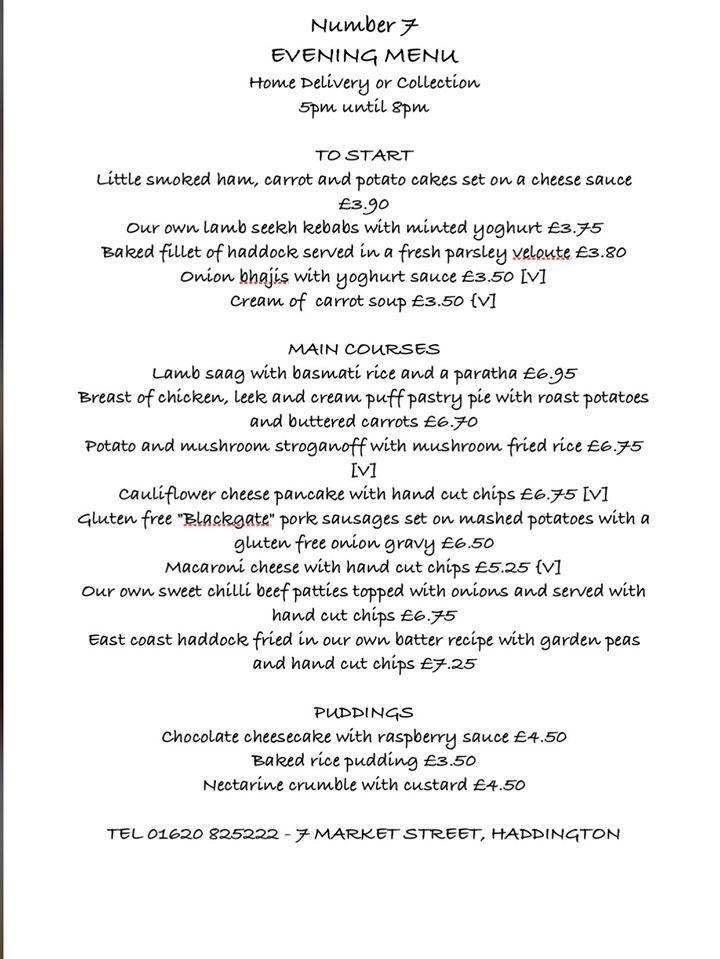 Menu at Number 7 restaurant, Haddington