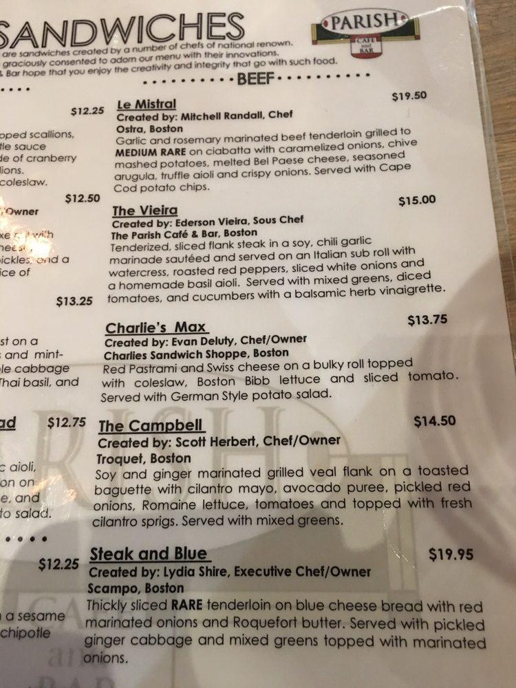 Menu at Parish Cafe & Bar, Boston, 361 Boylston St