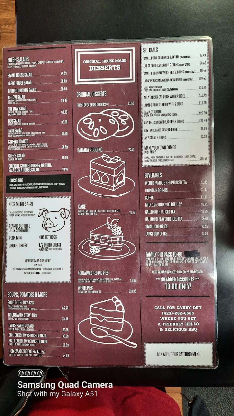 Menu at Red Pig Bar-B-Q, Johnson City