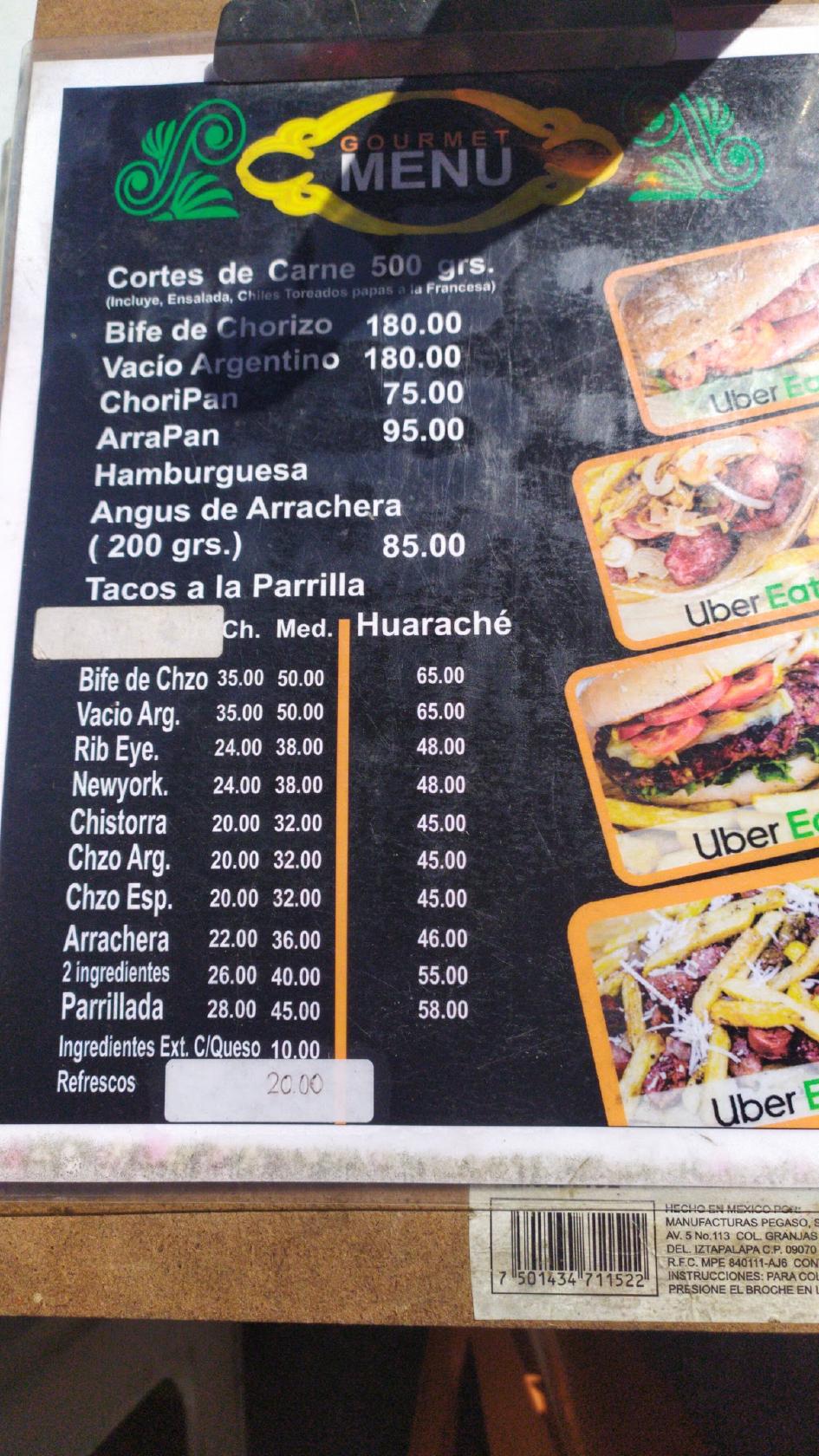 Menu at Tacos Parrillada, Mexico City