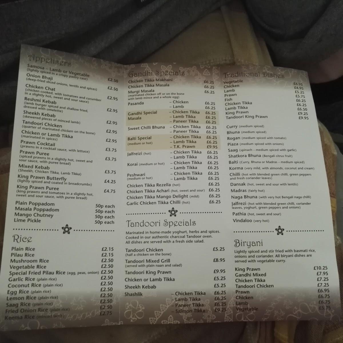 Menu at The Gandhi in Sandy restaurant, Sandy