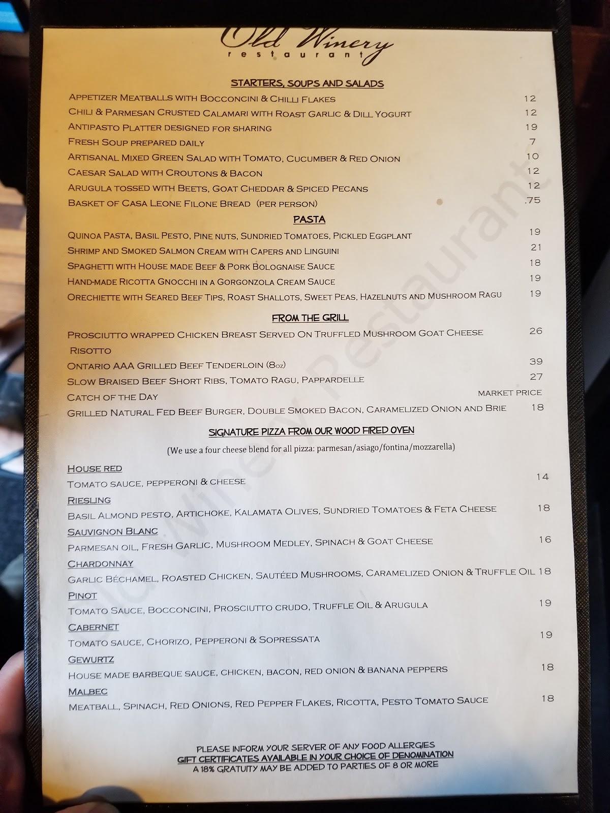 Menu at The Old Winery Restaurant & Wine Bar, Niagara-on-the-Lake