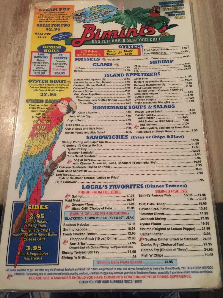 Menu at Bimini's Oyster Bar & Seafood Cafe, Greenville
