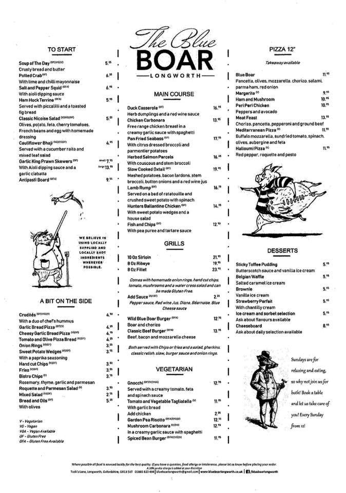Menu at The Blue Boar pub & bar, Kingston Bagpuize