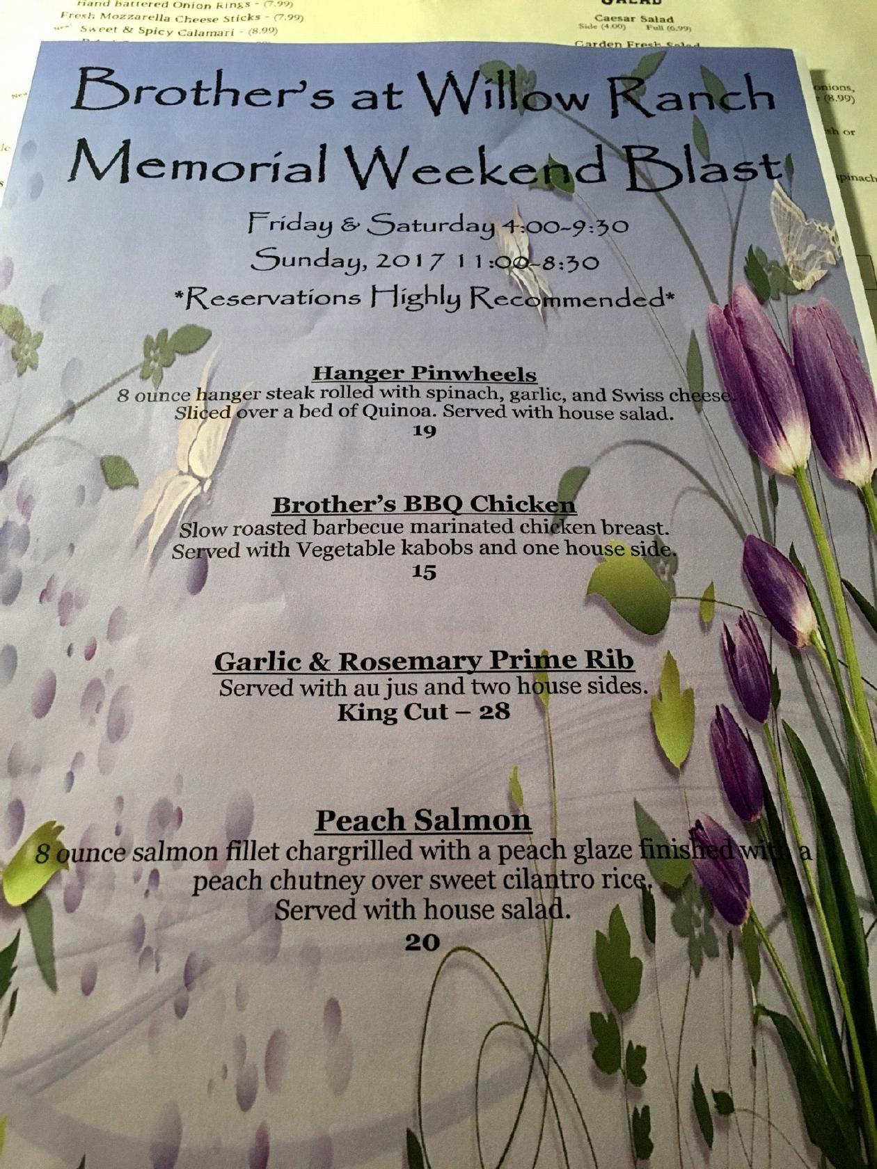 Menu at Brother's at Willow Ranch restaurant, Young Harris