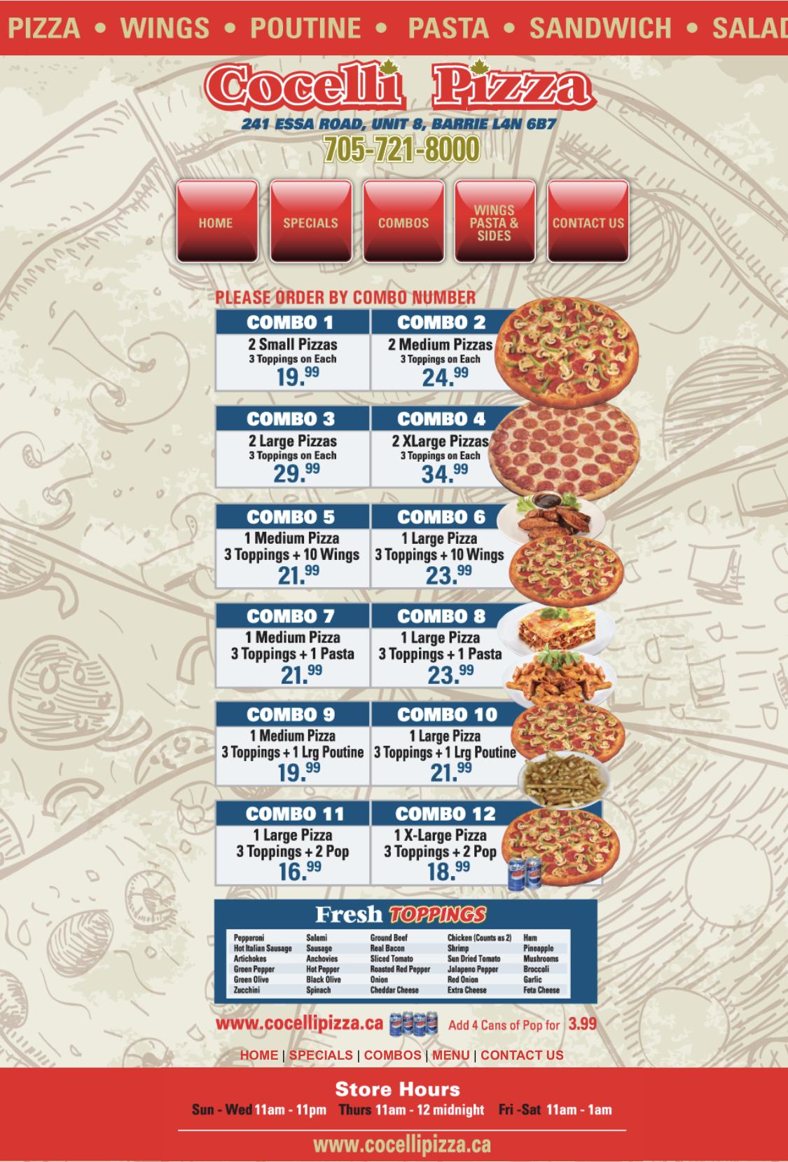 Carta del restaurante Cocelli Pizza, Barrie, 241 Essa Rd #8