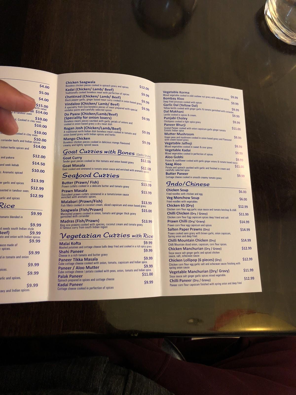 Menu at Curry Palace restaurant, Auckland