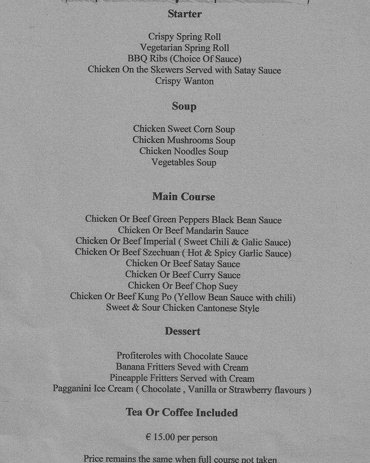 Menu at Kingscourt Chinese restaurant, New Ross