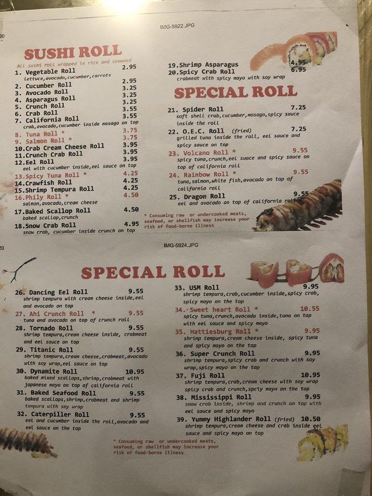 Menu at OEC Japanese Express restaurant, Hattiesburg, Hardy St
