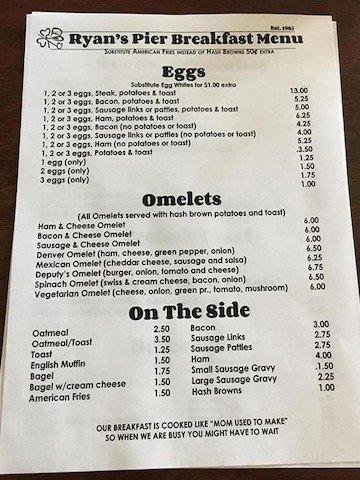 Menu at Ryans Pier pub & bar, Aroma Park