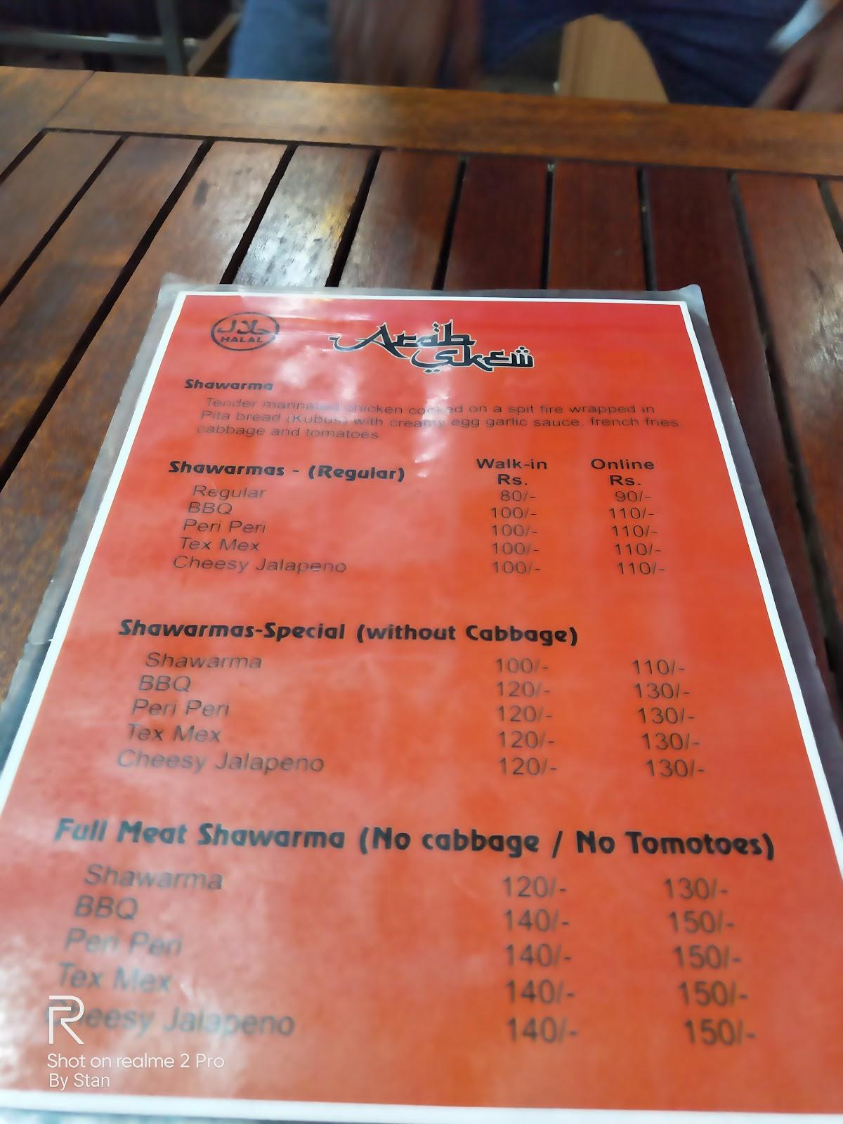 Menu at Arab Skew, Coimbatore